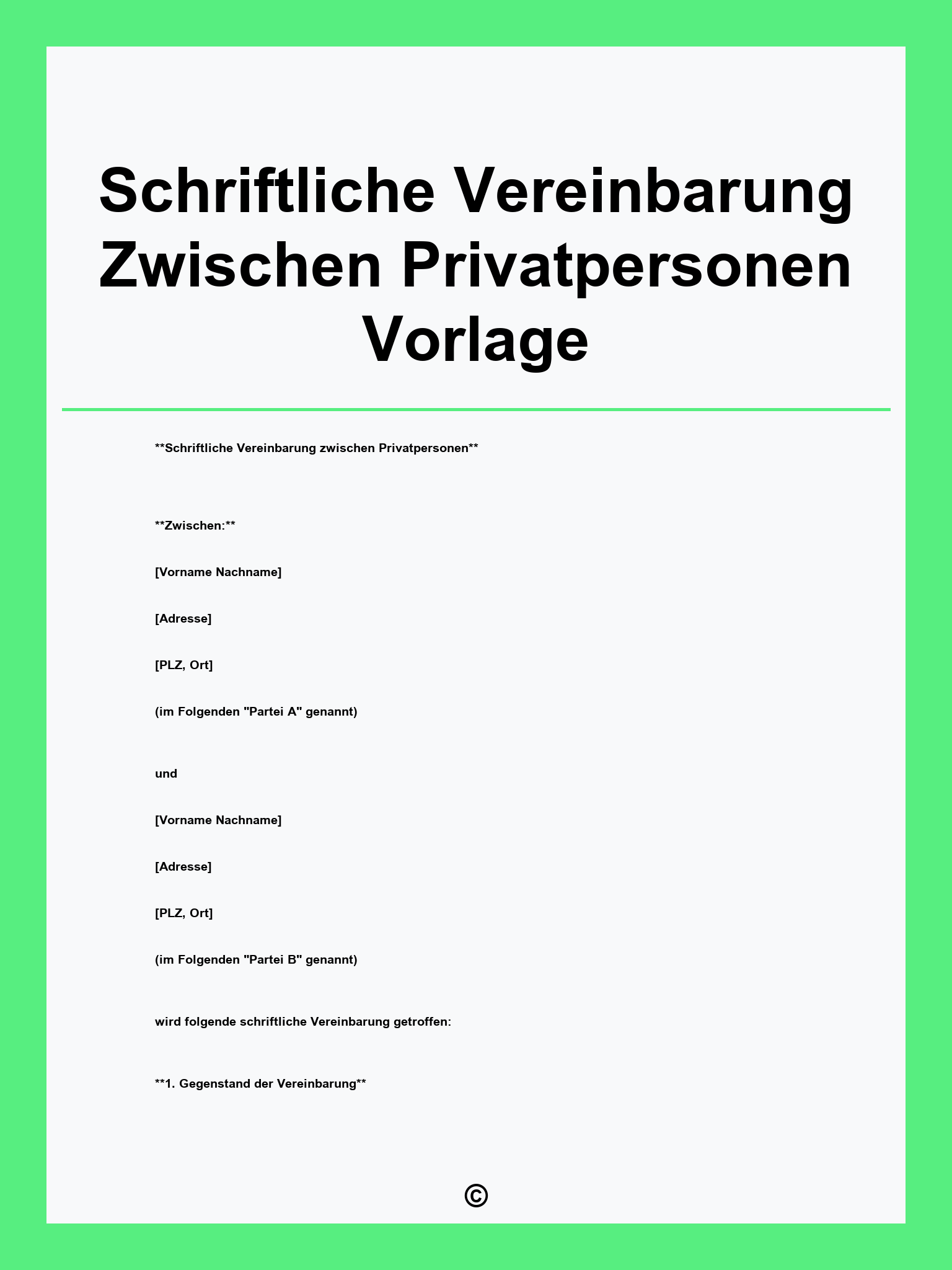 Schriftliche Vereinbarung Zwischen Privatpersonen Vorlage